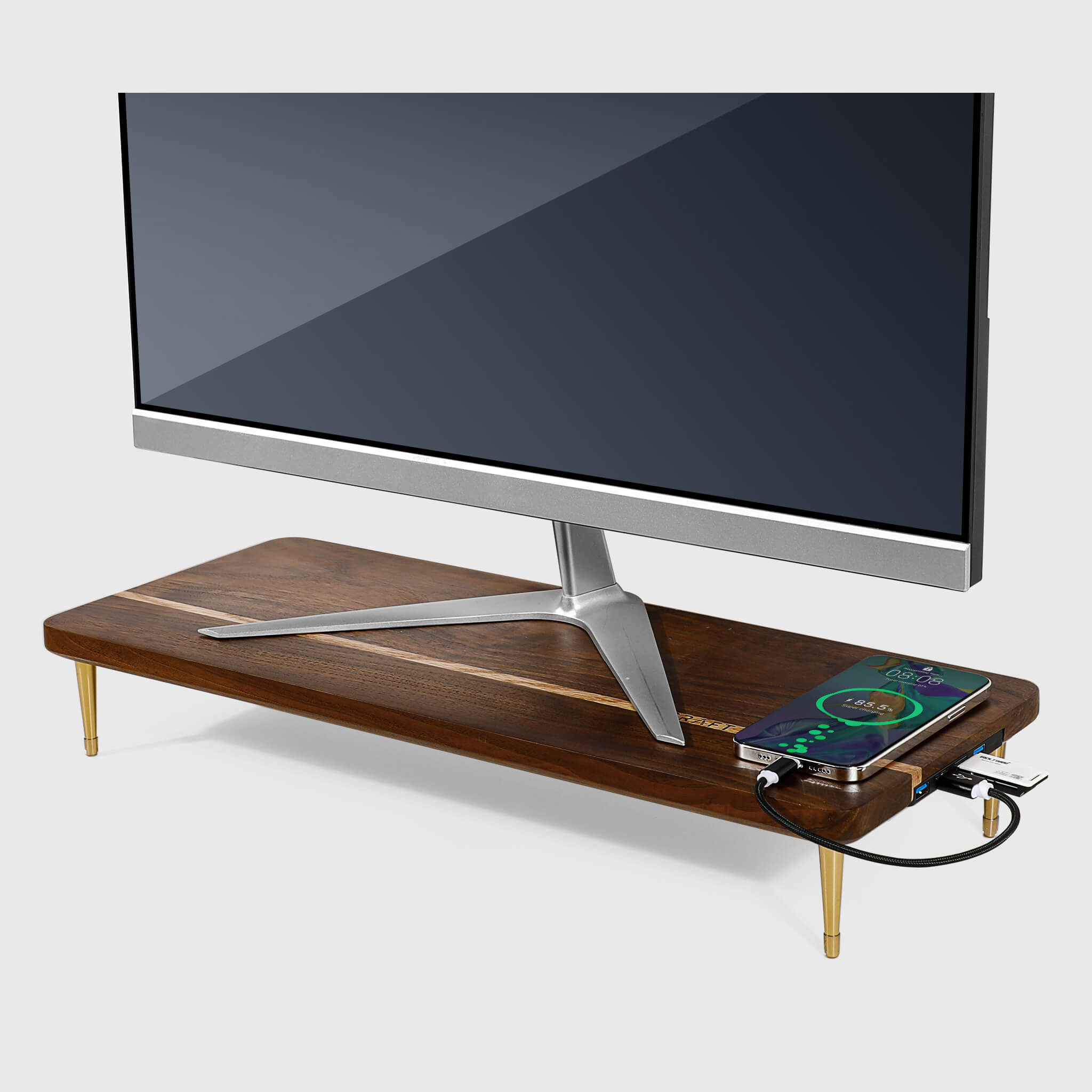 Walnut Splicing Wood Monitor Stand With USB Ports | Craft Kitties ...